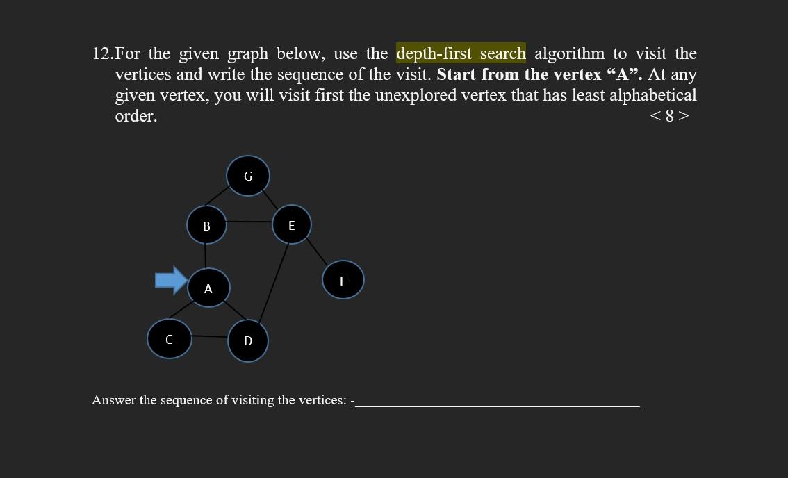 Solved 12.For the given graph below, use the depth-first | Chegg.com