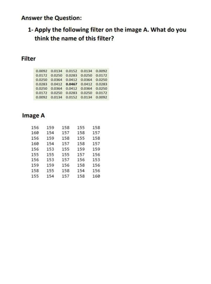 Solved apply the above filter on the image A by hand on the | Chegg.com