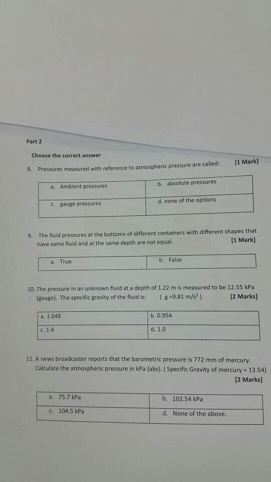 Solved Part 2 Choose the correct answer 8. Pressures | Chegg.com Solved Part 2 Choose the correct answer 8. Pressures | Chegg.com