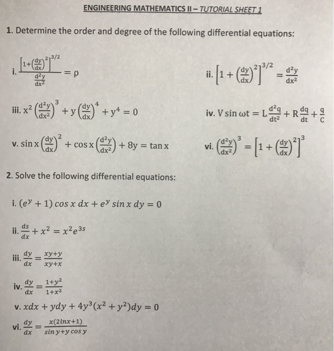 Solved ENGINEERING MATHEMATICS II-TUTORIAL SHEET 1 1. | Chegg.com Solved ENGINEERING MATHEMATICS II-TUTORIAL SHEET 1 1. | Chegg.com