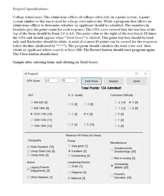 Solved Project2 Specifications: College Admissions. The | Chegg.com