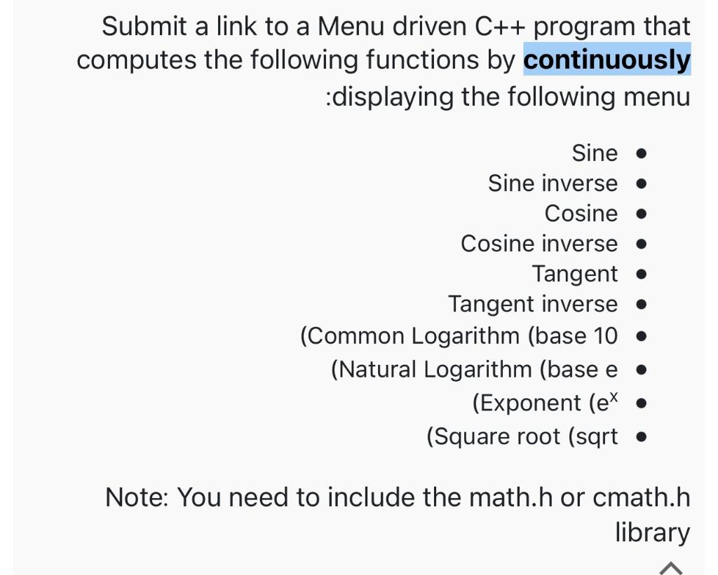 Solved Submit A Link To A Menu Driven C Program That 4861