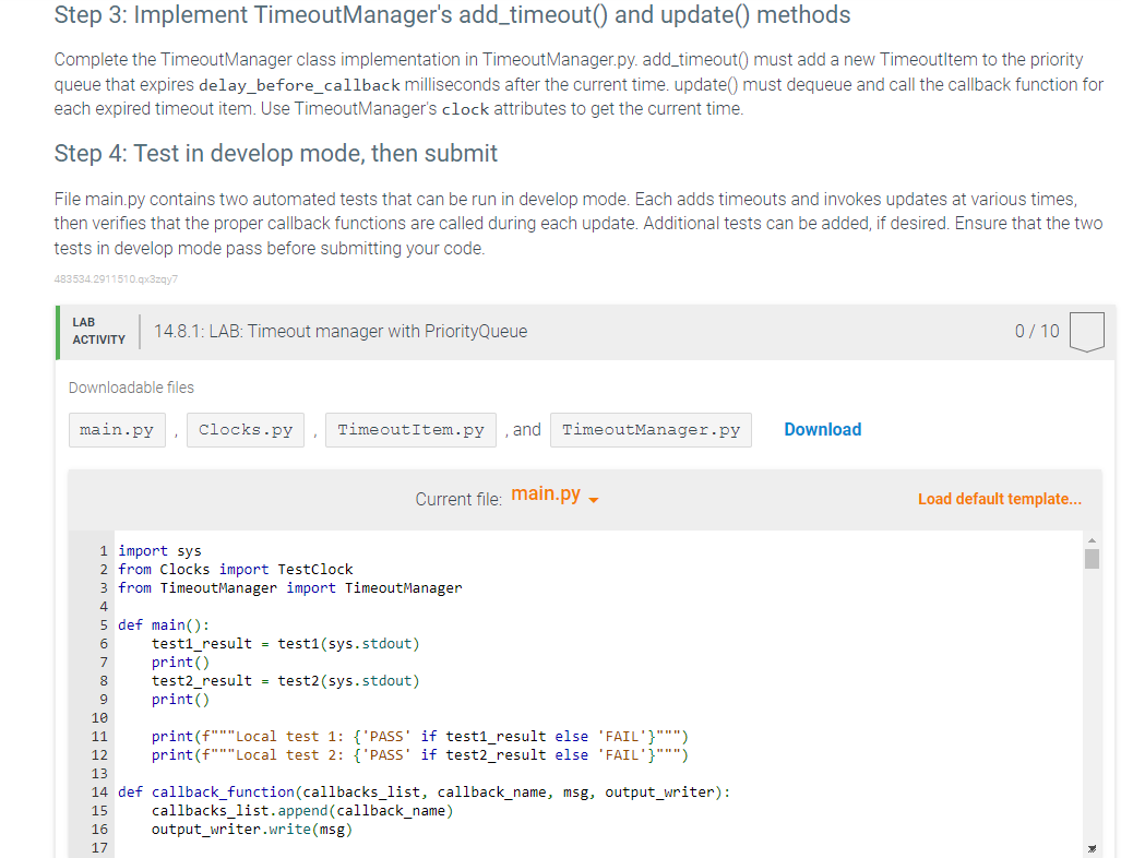 Solved 14.8 LAB: Timeout manager with PriorityQueue Timeout | Chegg.com