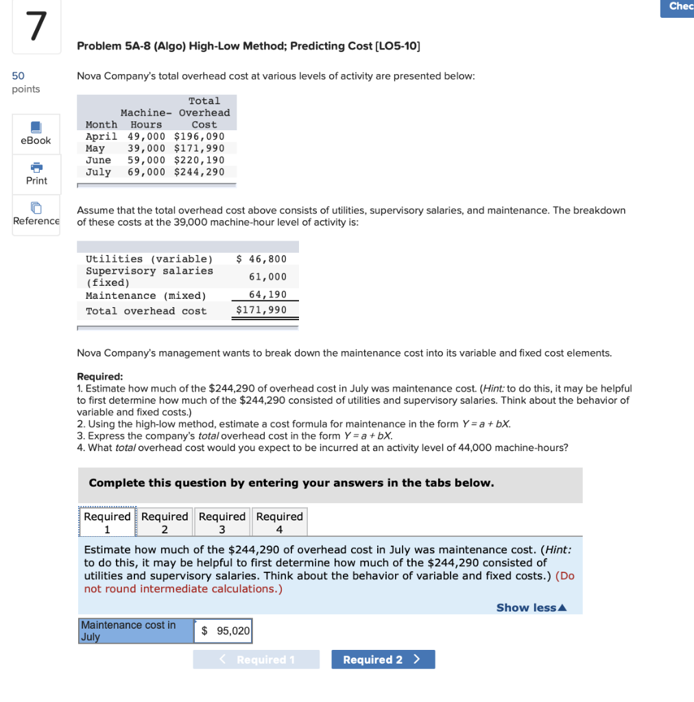 Solved Chec 7 Problem 5A-8 (Algo) High-Low Method; | Chegg.com