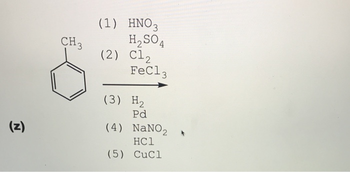 Solved (1) HNO3 CH H2 SO4 (2) Cl2 FeCl (3) H2 (4) NaNO2 (5) | Chegg.com