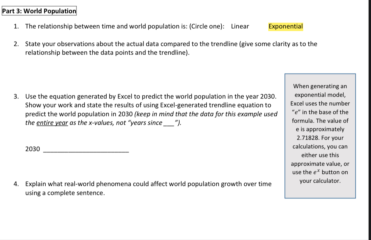 Solved Part 3: World Population1. ﻿The relationship between | Chegg.com