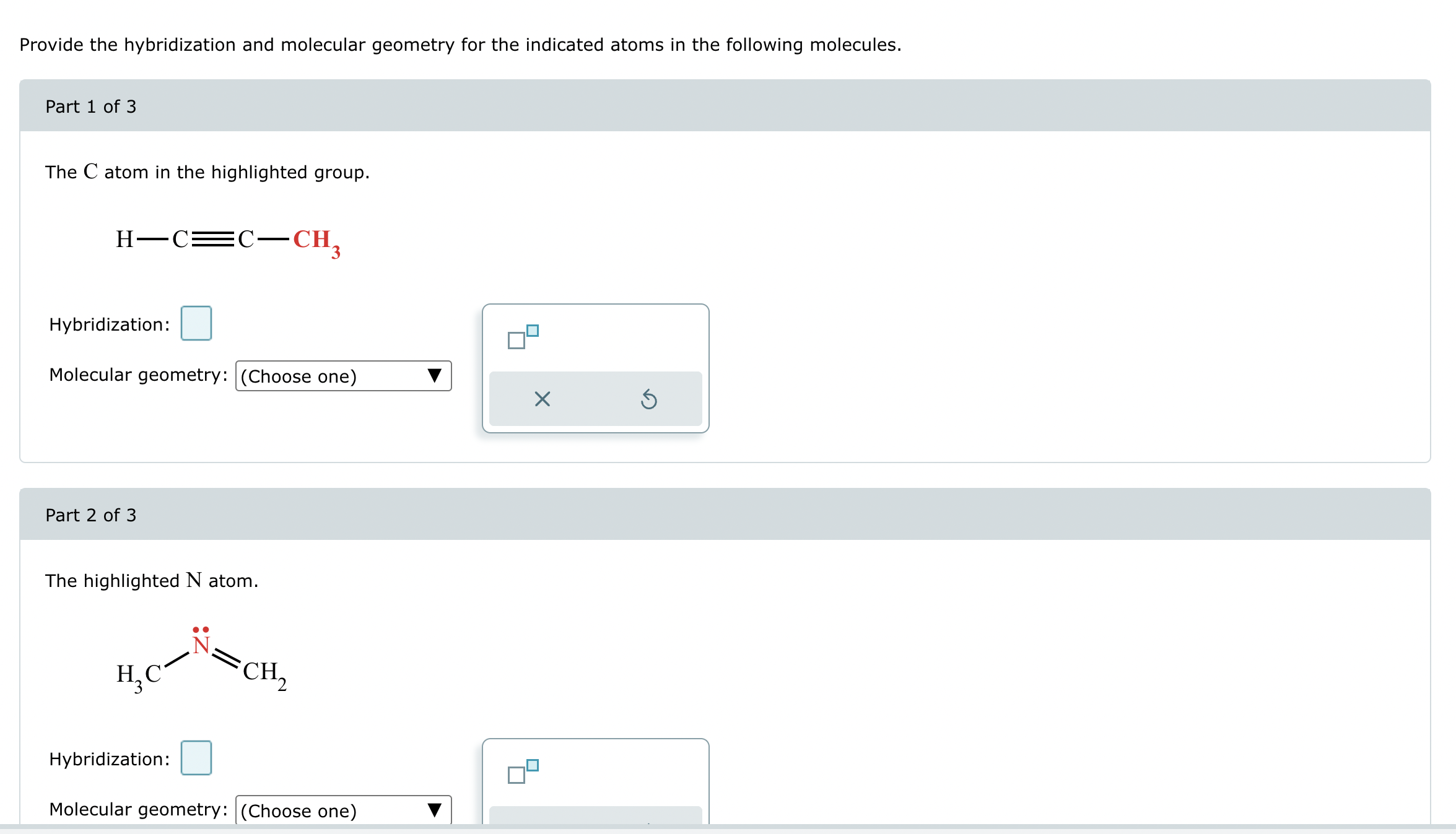 Solved Provide the hybridization and molecular geometry for | Chegg.com