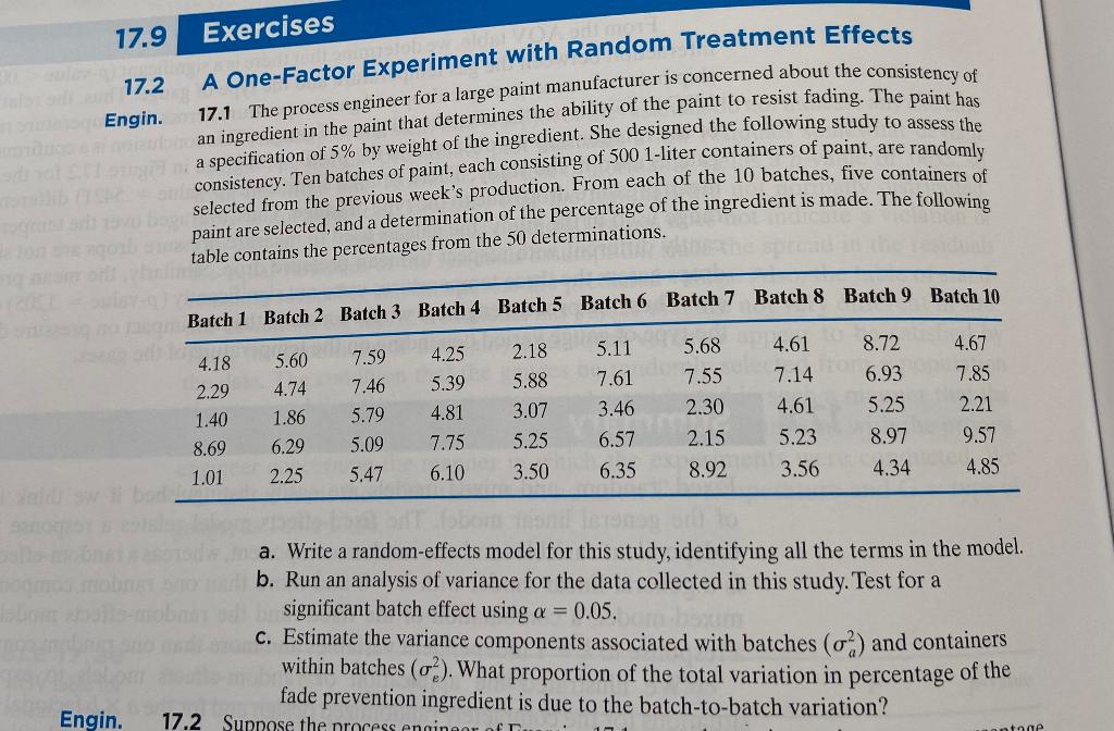 Solved 17.9 Exercises 101 A One-Factor Experiment with | Chegg.com