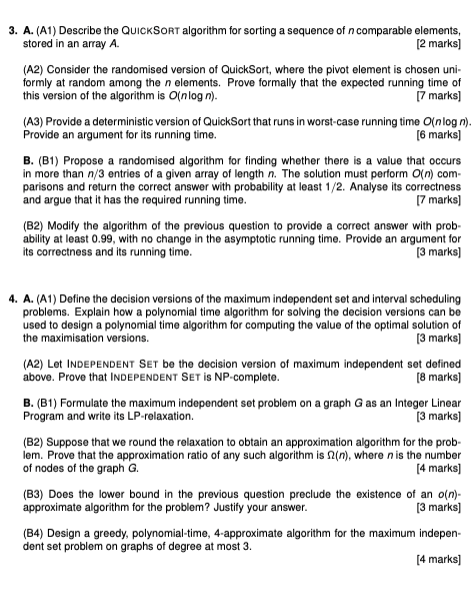 Solved 3. A. (A1) Describe the QUICKSORT algorithm for | Chegg.com