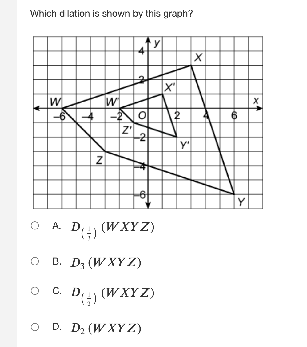 Solved Which dilation is shown by this graph? y 4 X X' w х w | Chegg.com