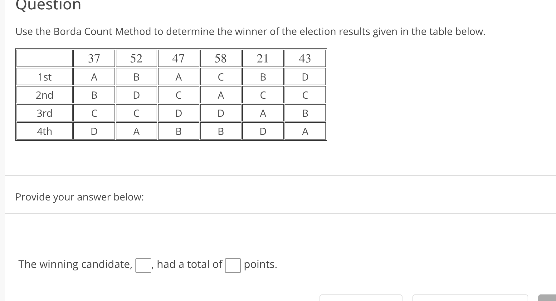 Solved Use the Borda Count Method to determine the winner of | Chegg.com