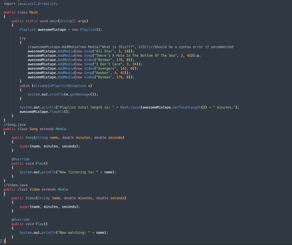 Solved JAVA program Create 3 classes: Media, Playlist, | Chegg.com