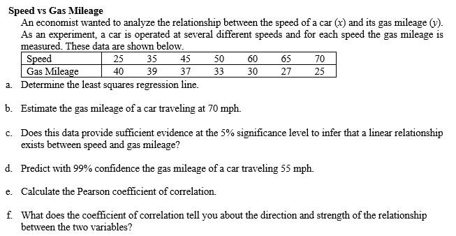 Solved Speed vs Gas Mileage An economist wanted to analyze | Chegg.com