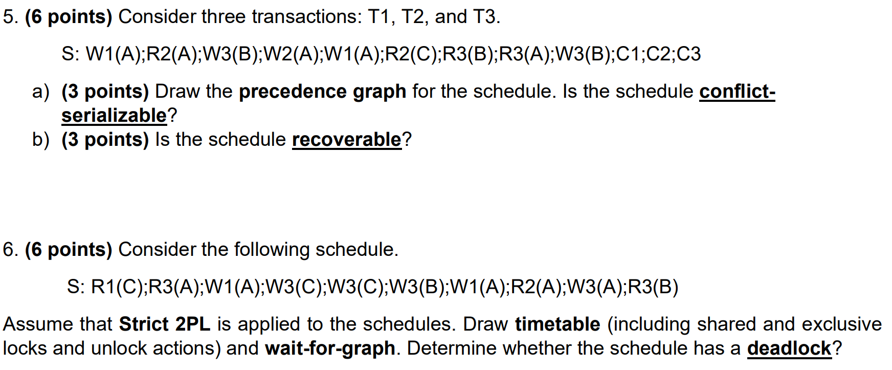 Solved 5 6 Points Consider Three Transactions T1 T2