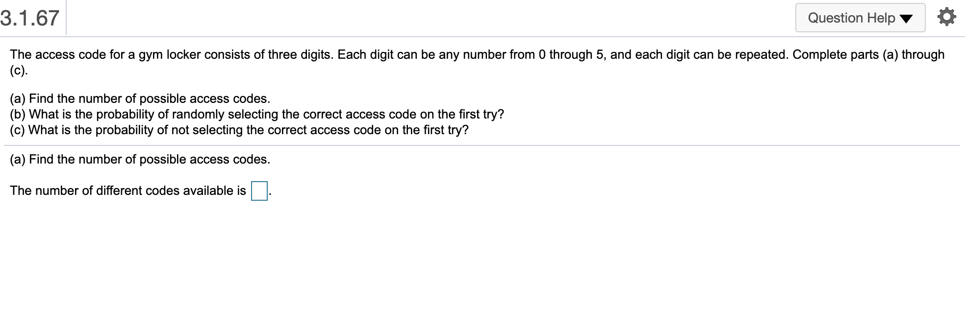 Solved Question Help 3.1.67 The access code for a gym locker | Chegg.com