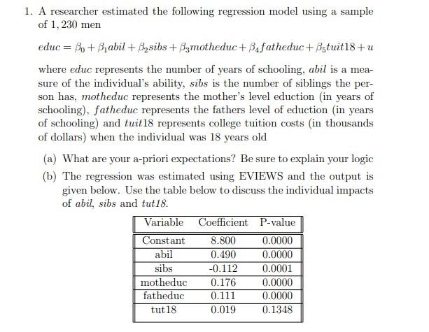 Solved 1. A researcher estimated the following regression | Chegg.com