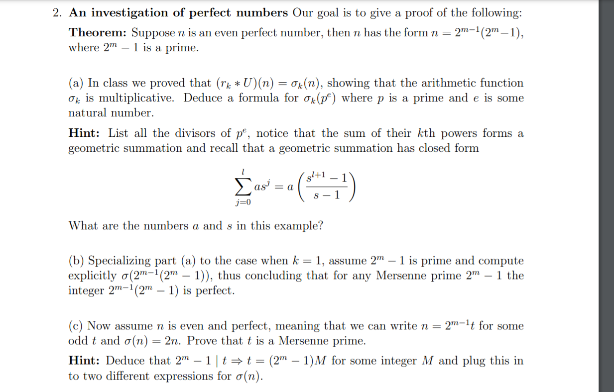 Solved 2. An investigation of perfect numbers Our goal is to | Chegg.com