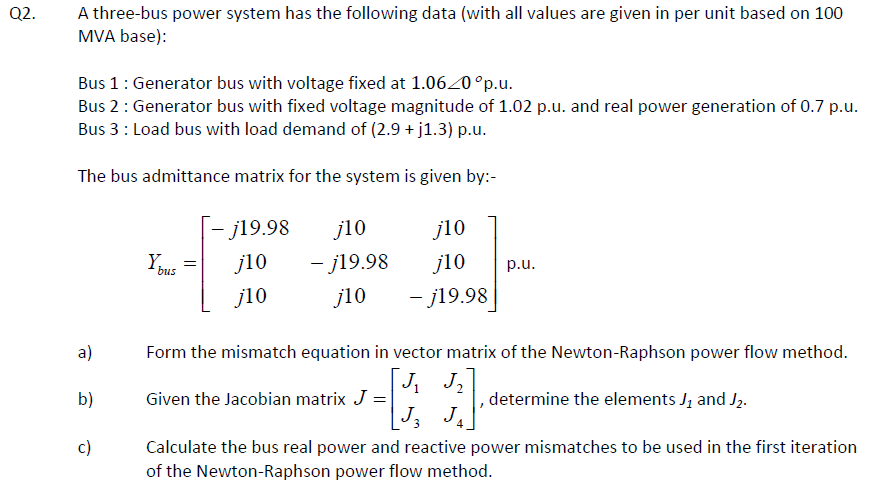 Solved Q2. A three-bus power system has the following data | Chegg.com