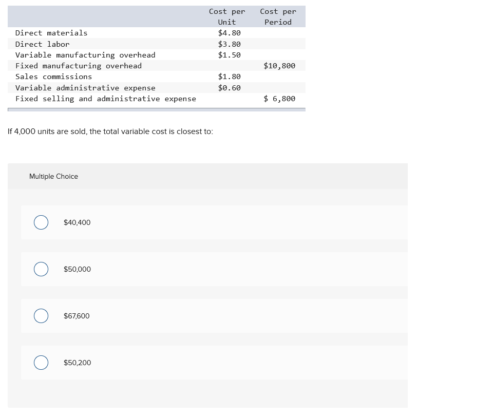 [Solved]: Direct materials Direct labor Variable manufactu