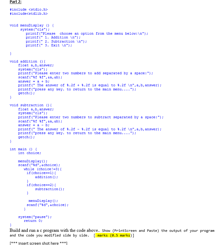 Solved Part 2: #include #include void menuDisplay () { | Chegg.com