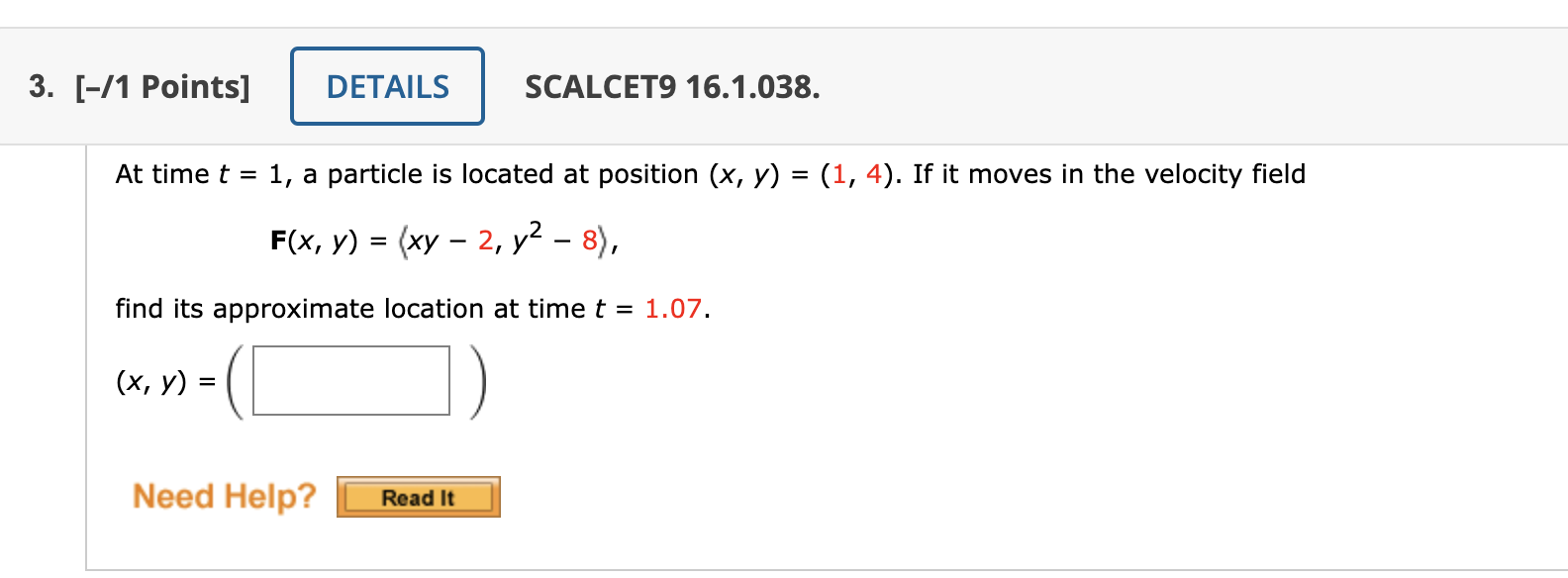 Solved 3. [-/1 Points] SCALCET9 16.1.038. At time t=1, a | Chegg.com
