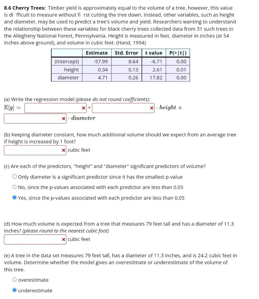 Solved 8.6 Cherry Trees: Timber yield is approximately equal | Chegg.com