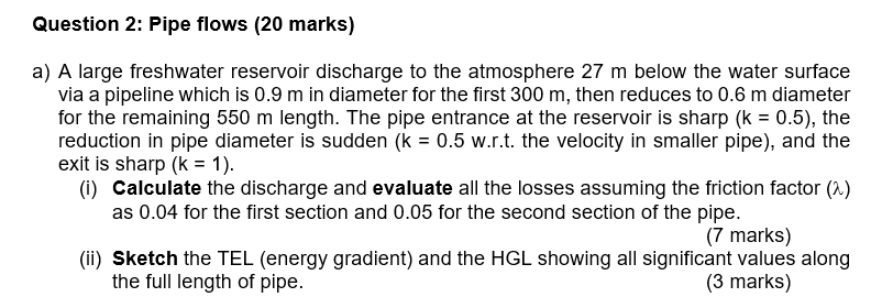 Solved Question 2: Pipe flows (20 marks) a) A large | Chegg.com