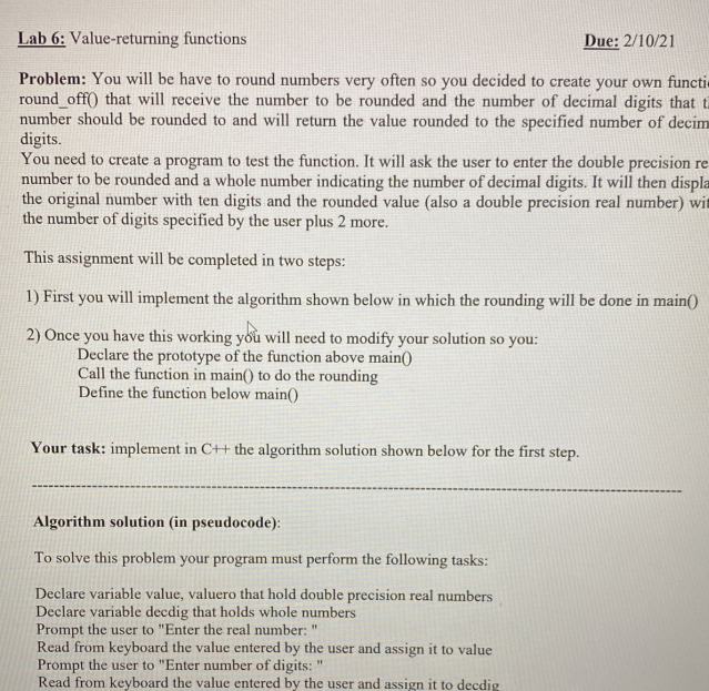 Solved Lab 6: Value-returning functions Due: 2/10/21 | Chegg.com