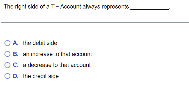 Solved The right side of a T- Account always represents A. | Chegg.com