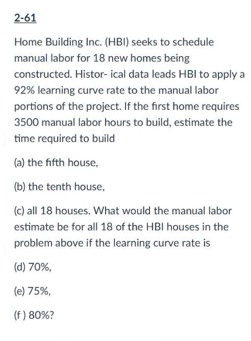 Solved 2−61 Home Building Inc. (HBI) seeks to schedule | Chegg.com