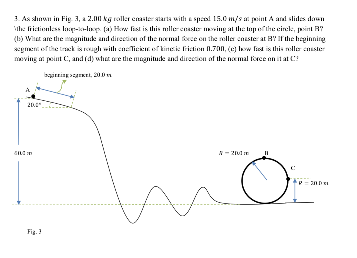 Solved 3. As shown in Fig. 3, a 2.00 kg roller coaster | Chegg.com