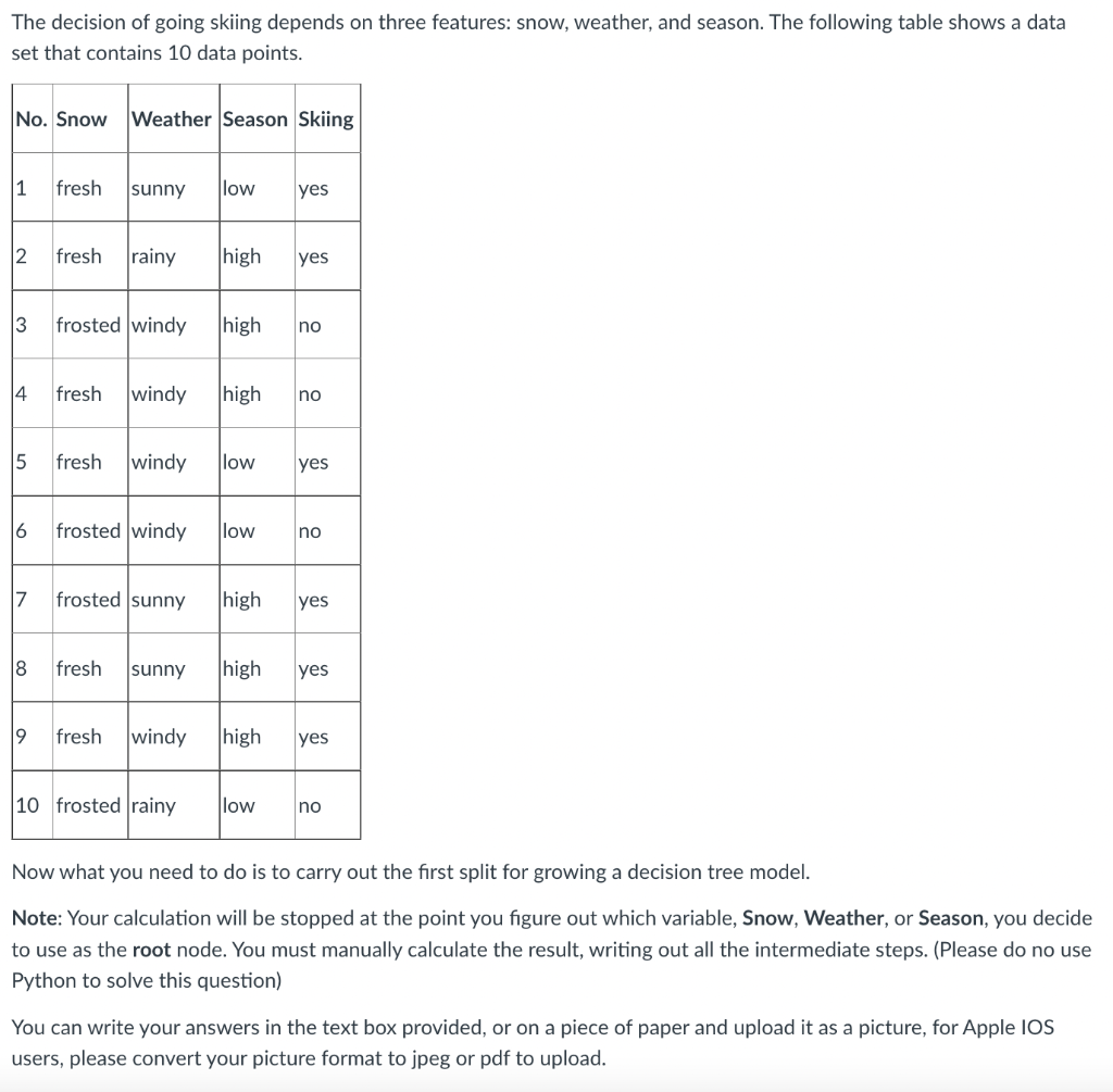 Solved The decision of going skiing depends on three | Chegg.com