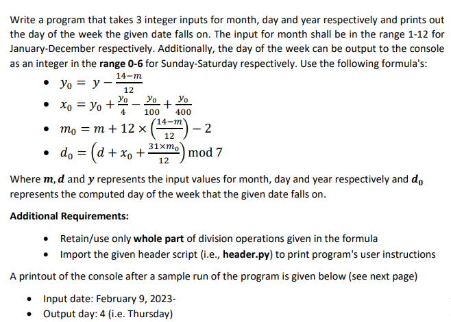 Solved Write a program that takes 3 integer inputs for | Chegg.com