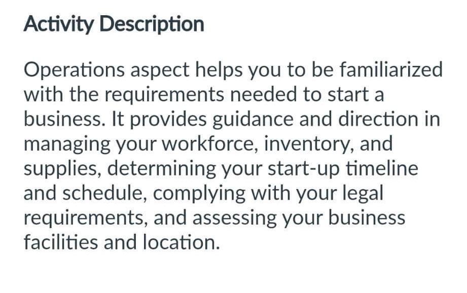 Solved Activity Description Operations aspect helps you to | Chegg.com