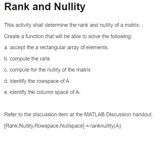 Solved Rank and Nullity This activity shall determine the | Chegg.com
