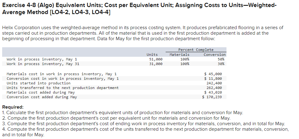 Solved Exercise 4-8 (Algo) Equivalent Units; Cost per | Chegg.com