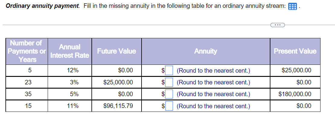 Solved Ordinary annuity payment. Fill in the missing annuity | Chegg.com