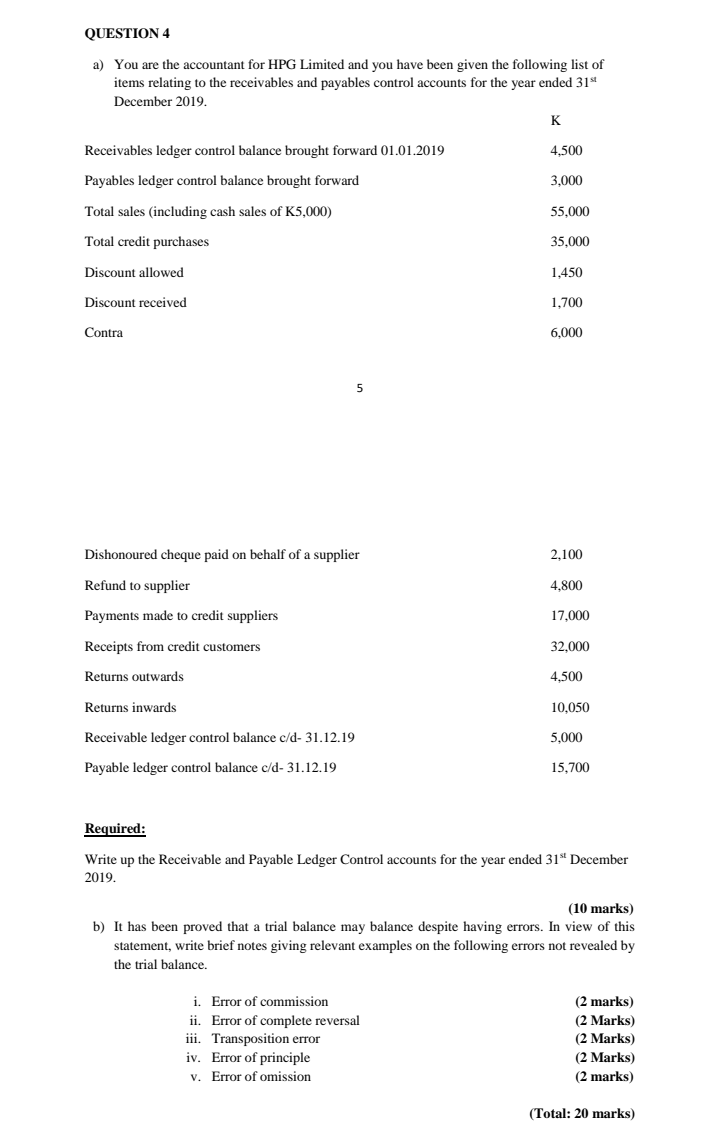 Solved QUESTION 4 a) You are the accountant for HPG Limited | Chegg.com