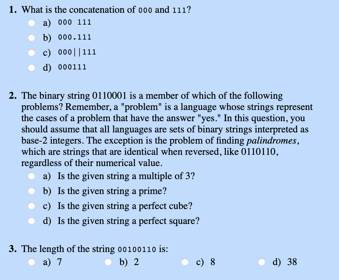 Solved What is the concatenation of 000 and 111? | Chegg.com