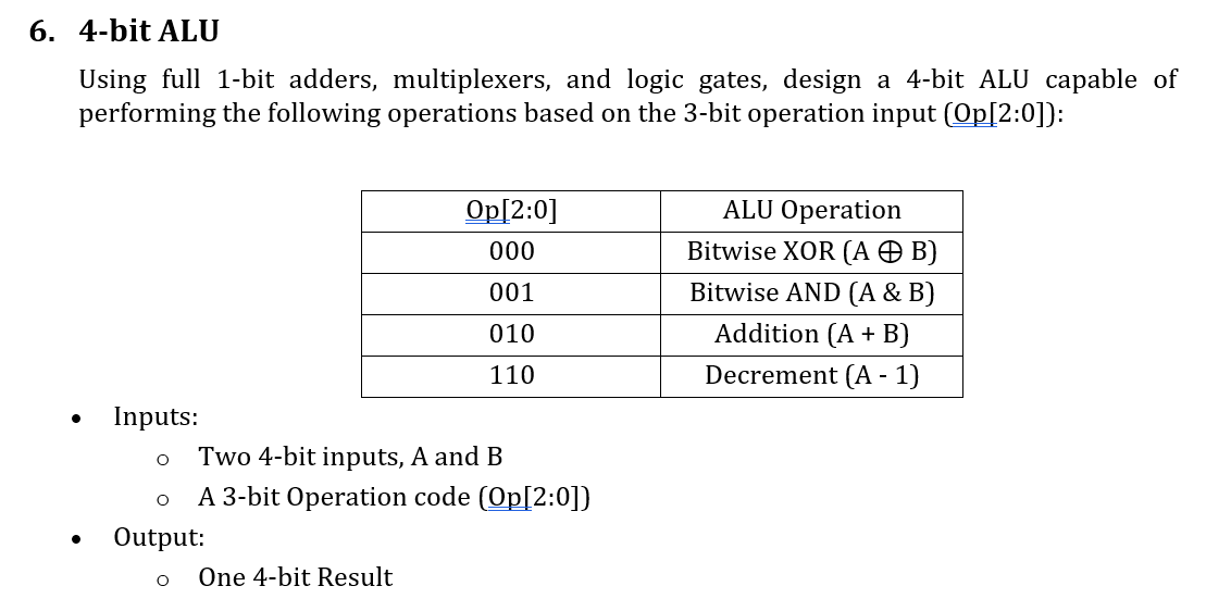 Solved 6. 4-bit ALU Using full 1-bit adders, multiplexers, | Chegg.com