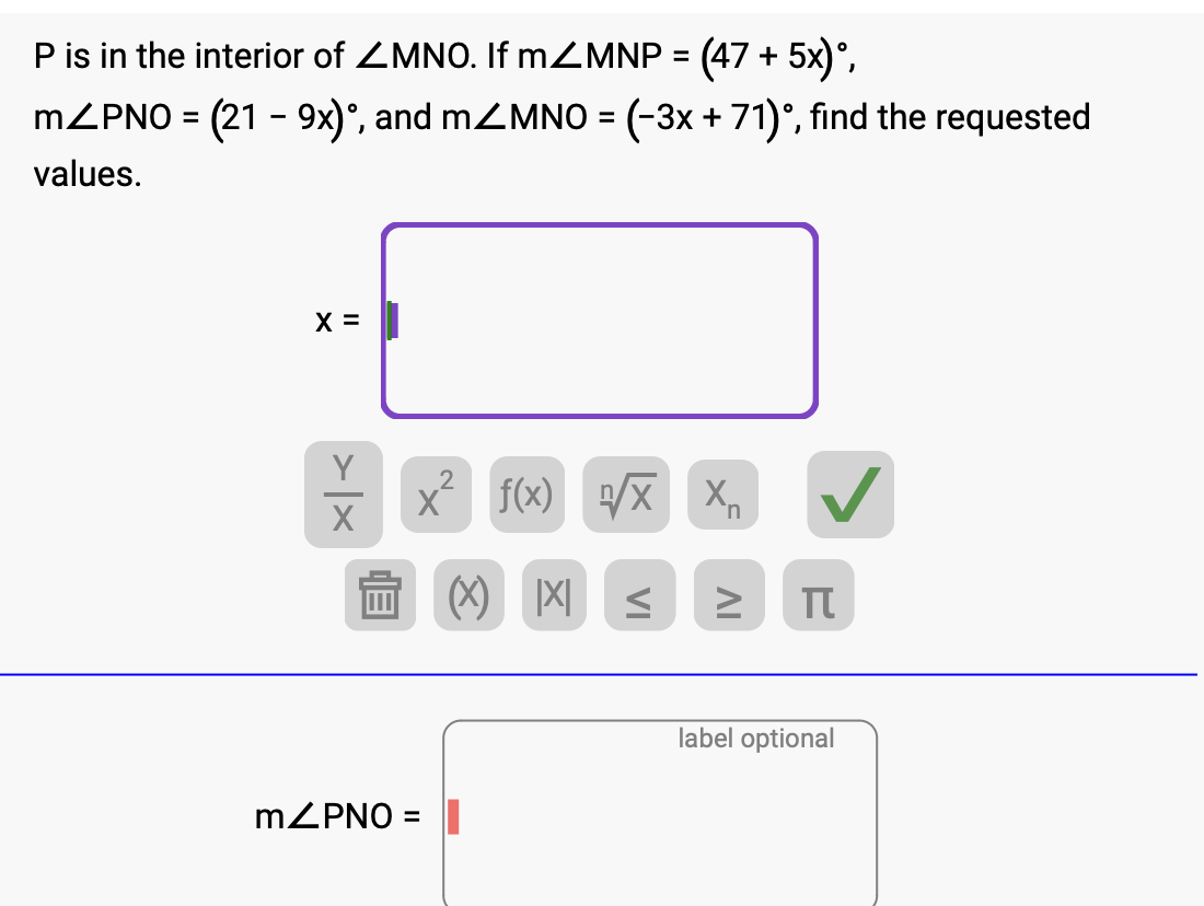 Solved P is in the interior of ∠MNO. If m∠MNP=(47+5x)∘, | Chegg.com