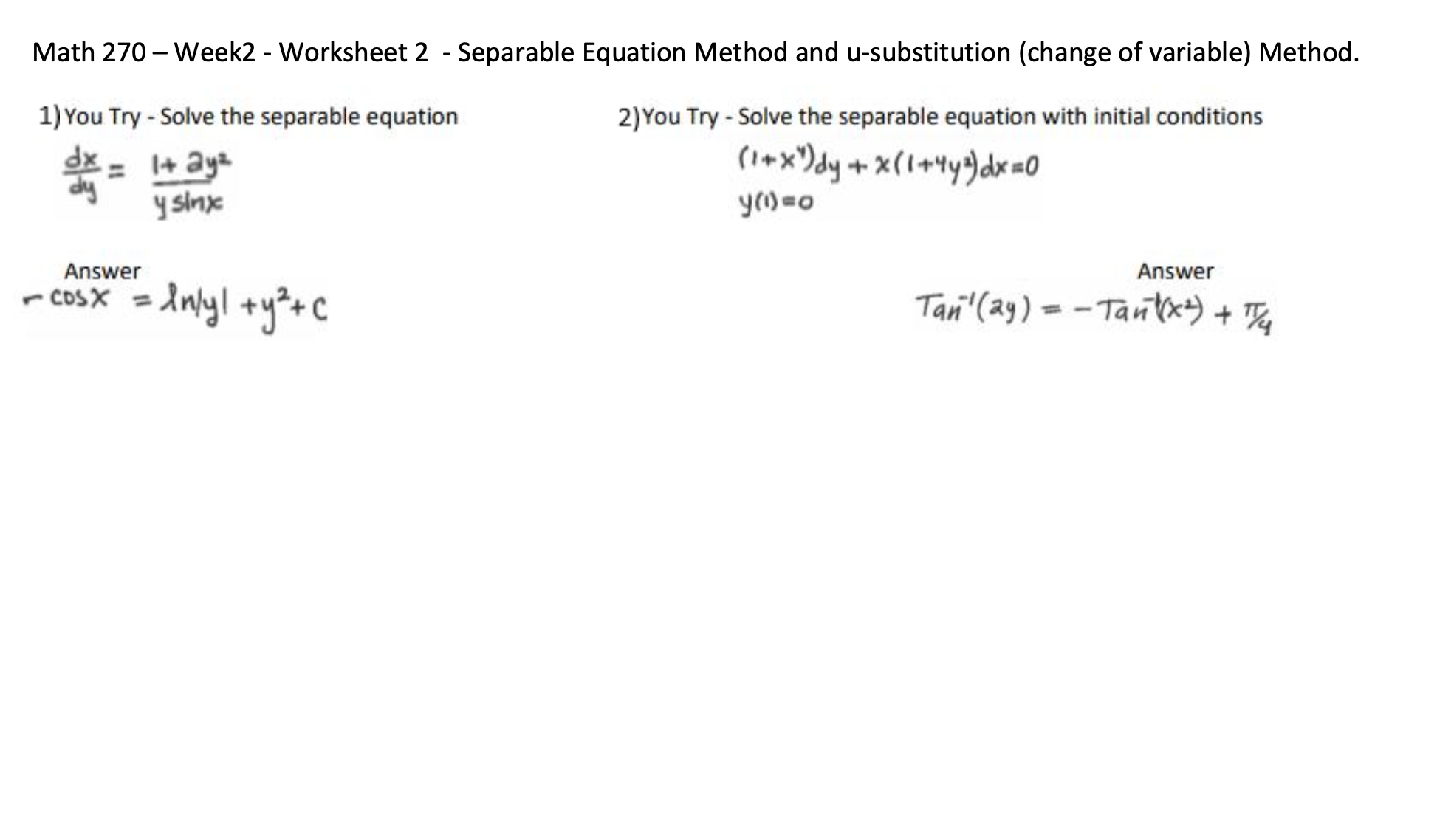 Solved Math 270 - Week2 - Worksheet 2 - Separable Equation | Chegg.com