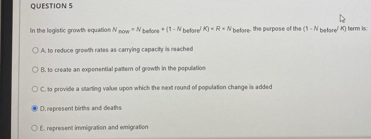 Solved QUESTION 5 + In the logistic growth equation N now = | Chegg.com