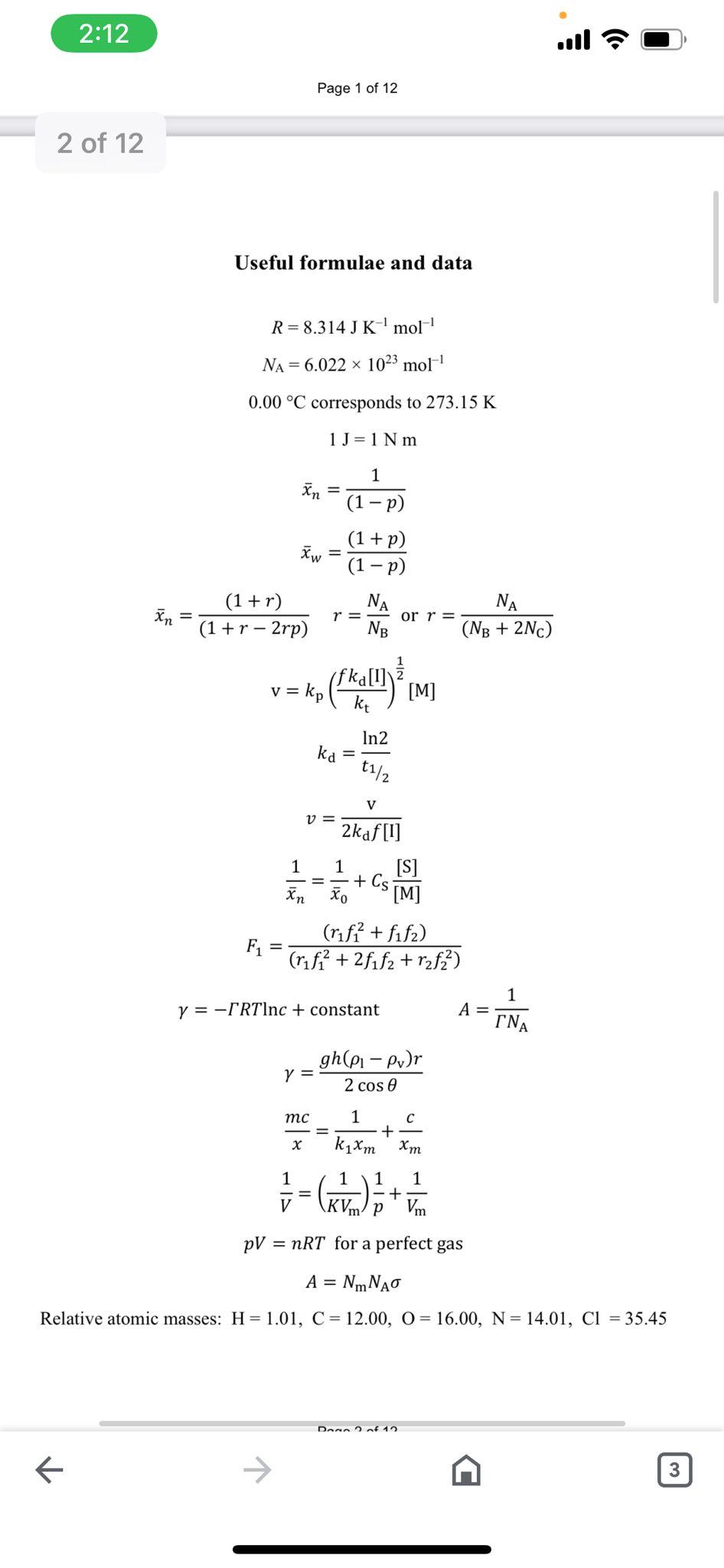 Solved 2:12 2 of 12 xn Page 1 of 12 Useful formulae and data | Chegg.com