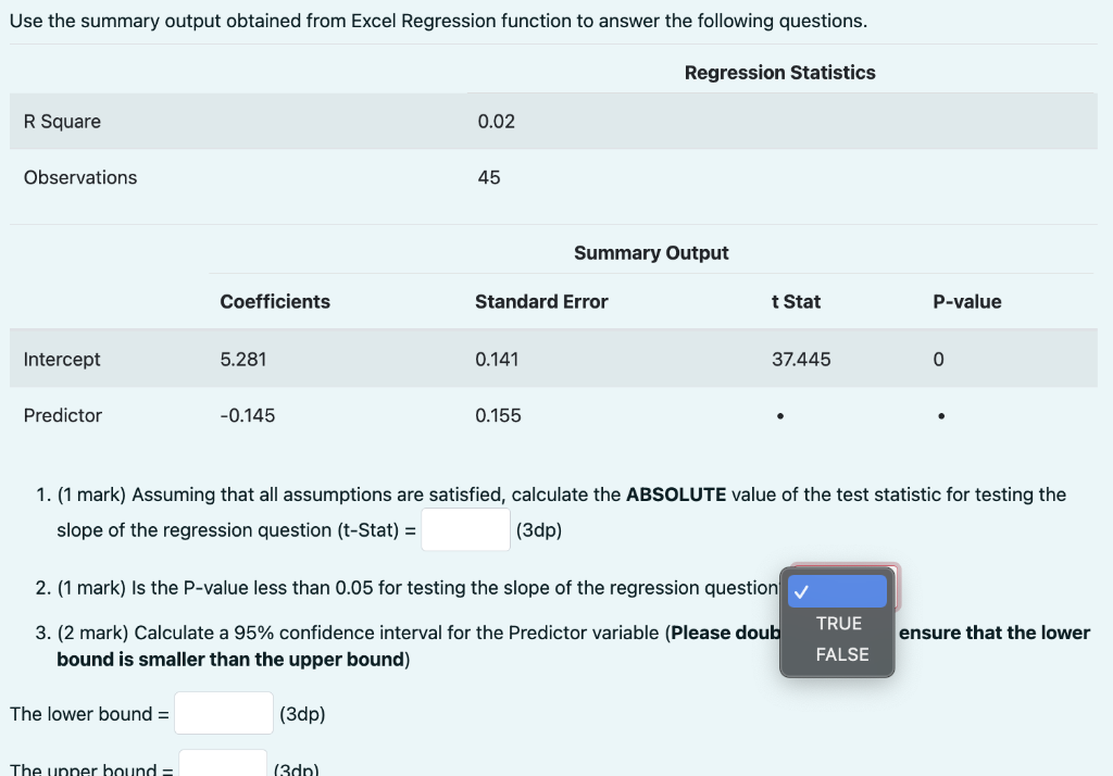 Solved Use The Summary Output Obtained From Excel Regression 6906