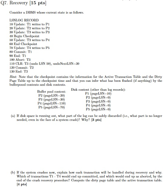 Solved Q7. Recovery (15 pts) Consider a DBMS whose current | Chegg.com