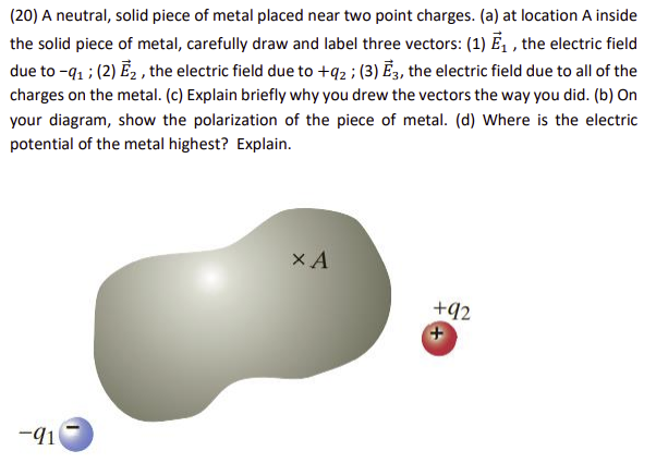 (20) A neutral, solid piece of metal placed near two | Chegg.com