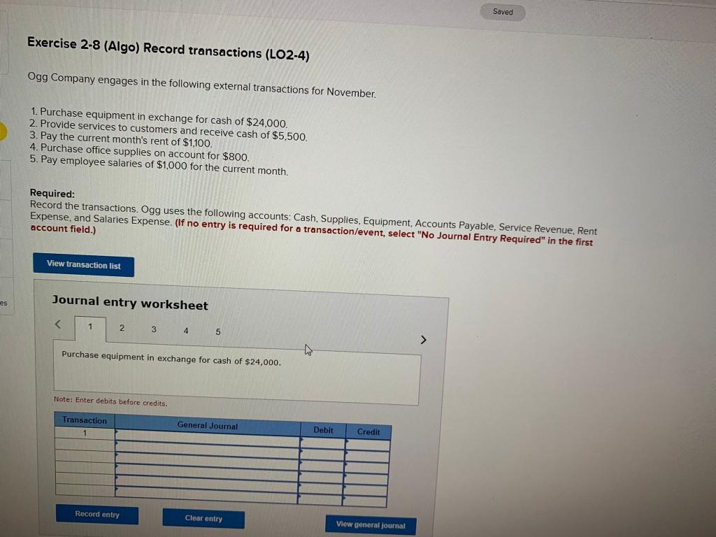 Solved Exercise 2-8 (Algo) Record transactions (LO2-4) Ogg | Chegg.com