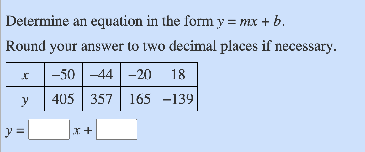 Solved Determine an equation in the form y = mx + b. Round | Chegg.com