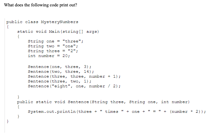 Solved What does the following code print out? public class | Chegg.com